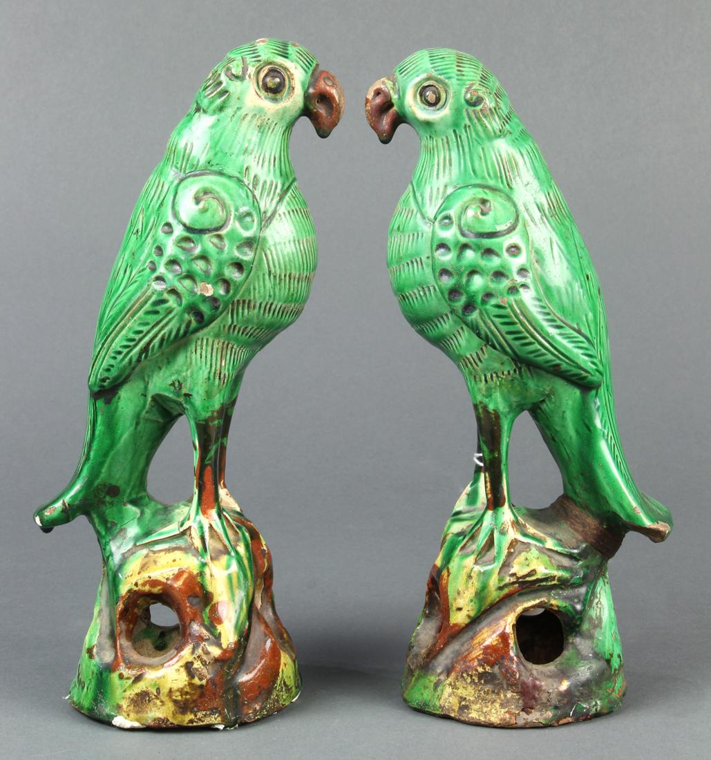 Chinese Green Glazed Ceramic Parrots
