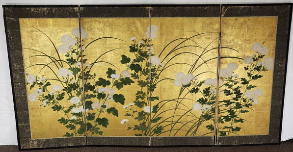 Japanese Four Panel Gold Leaf Screen