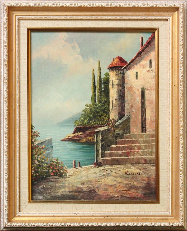 4423: Painting, signed Rossini, Italian Lake Scene