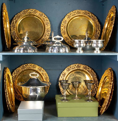 Two Shelves Of Silver Plate And Gilt Metal Tableware