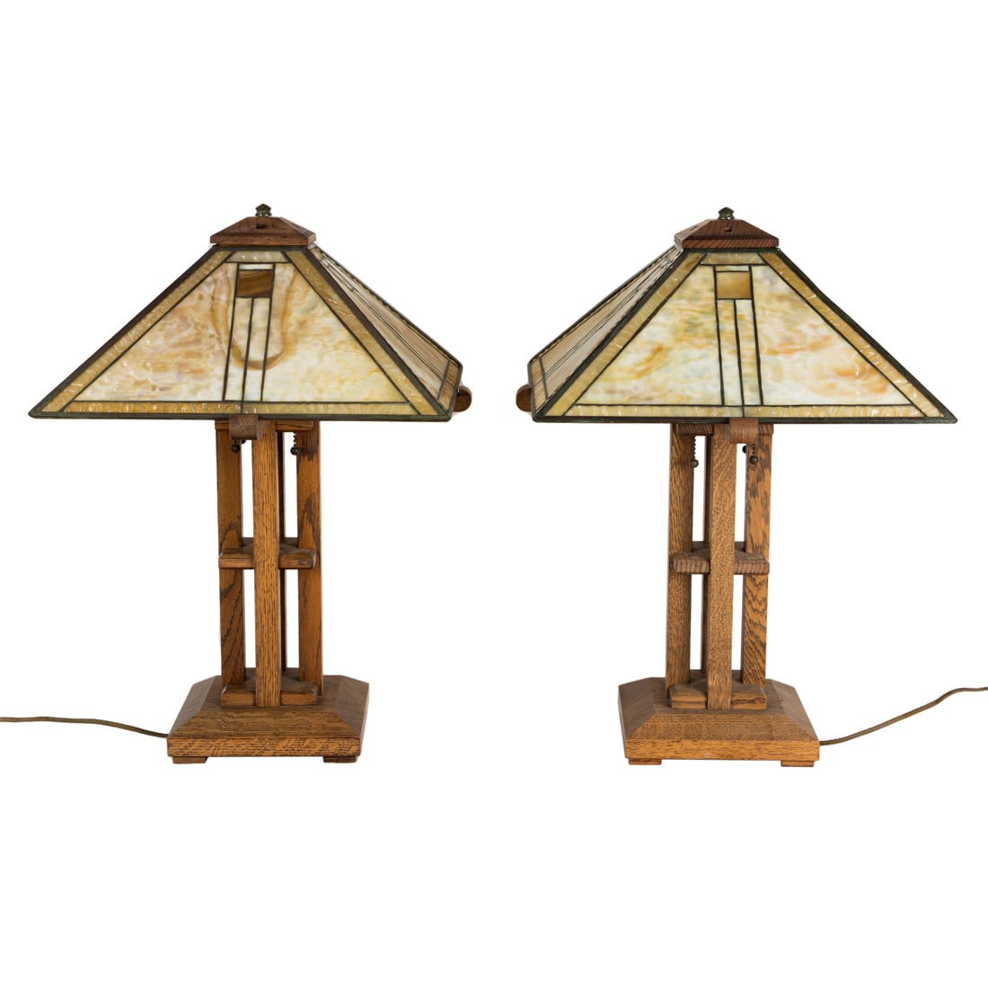 A Pair Of Prairie School Style Oak And Leaded Glass Table Lamps