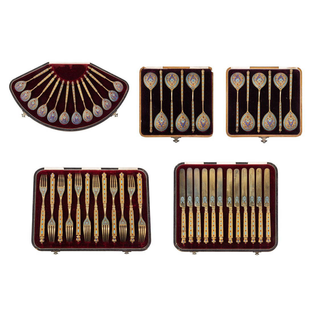 A Cased Suite Of Russian Grachev Brothers Cloisonne Gilt 88 Standard ...