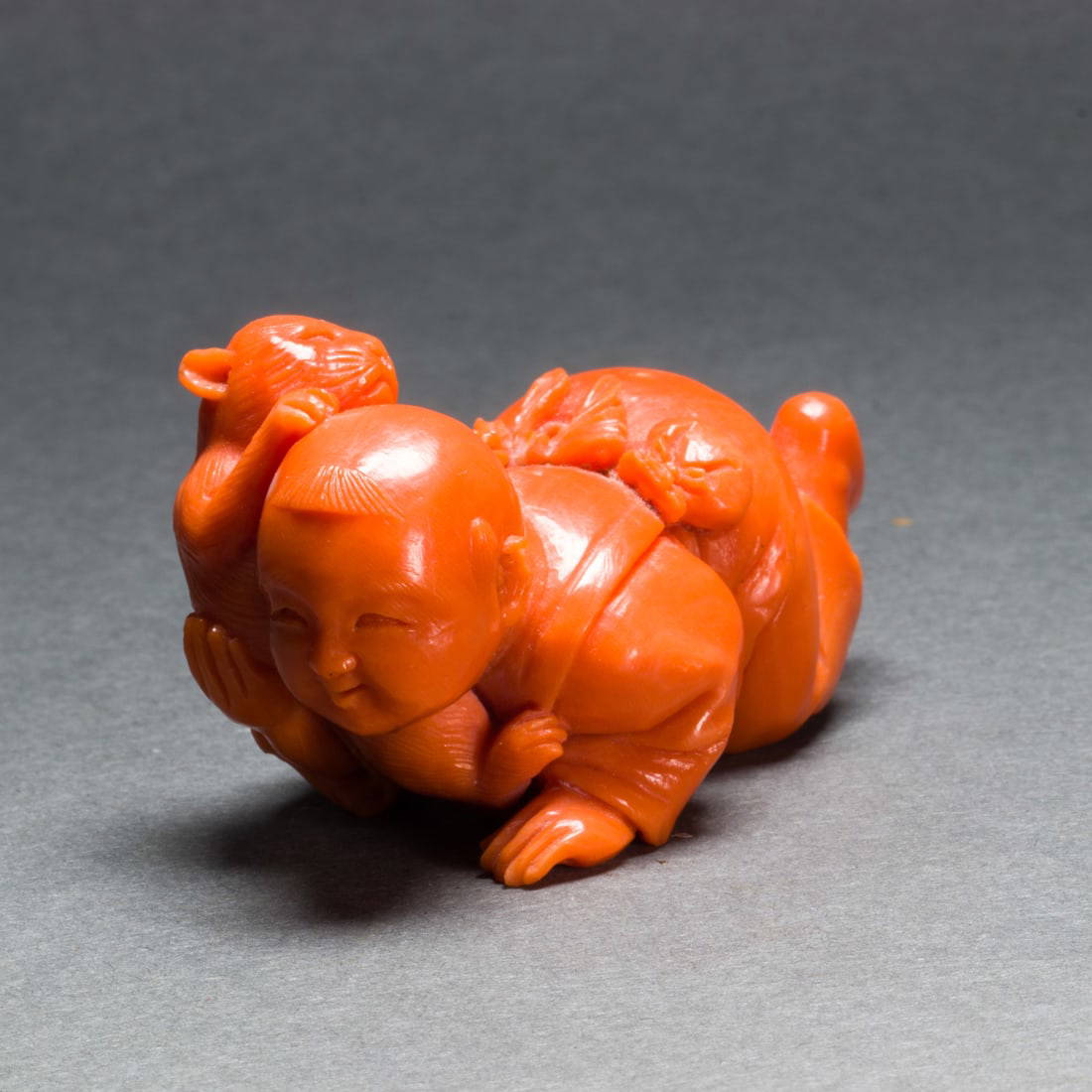 Japanese Red Coral Netsuke, Depicting A Boy Embracing A Cat, Signed On ...