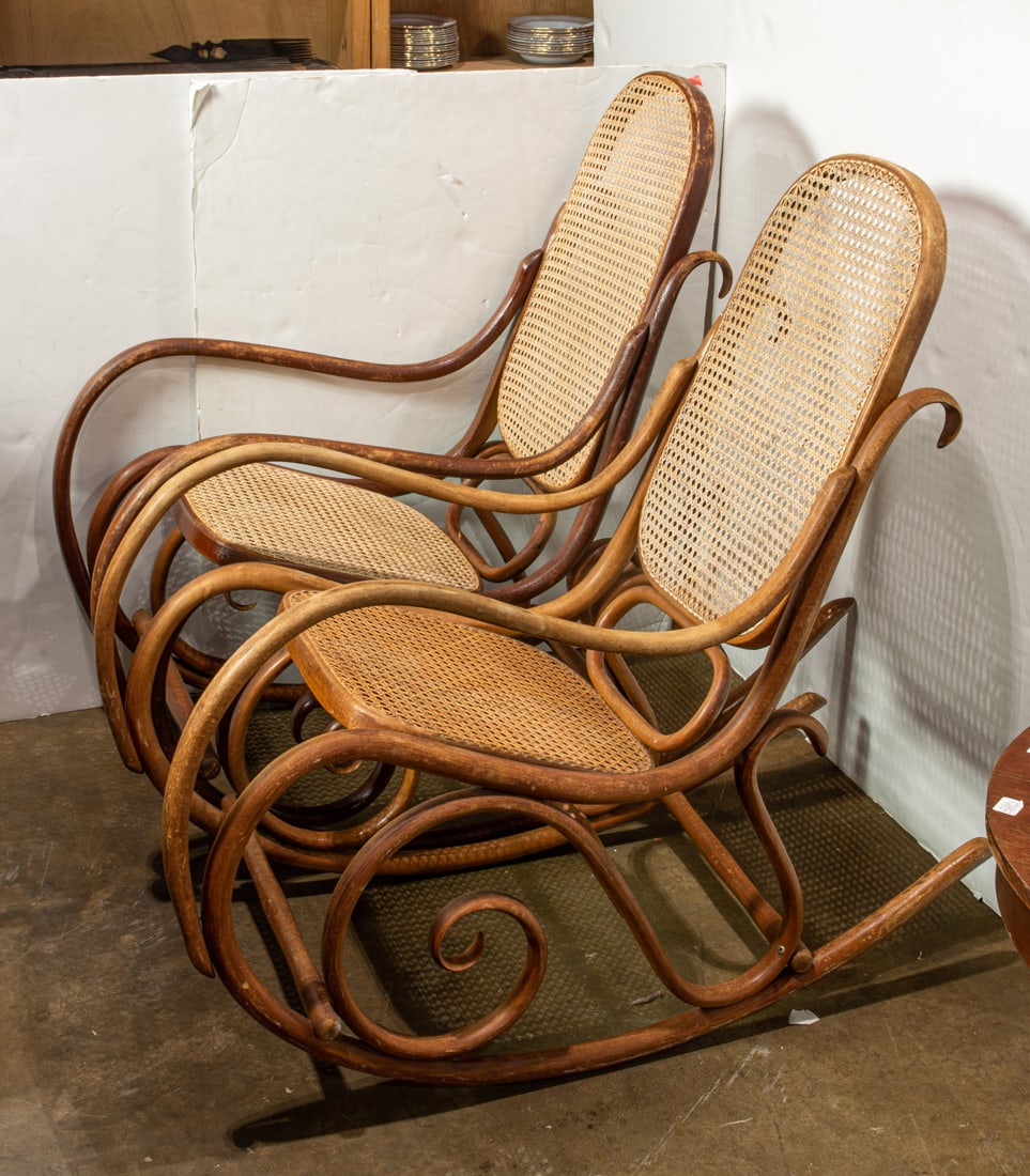 Two Thonet Rocking Chairs With Caned Seat And Back Auction