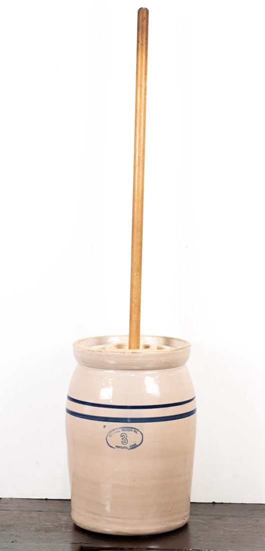 American Stoneware Butter Churn Pot With Wood Plunger, Pot 14 Auction