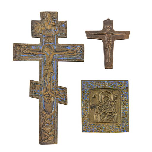Three Russian Brass Icons With Enamel Work