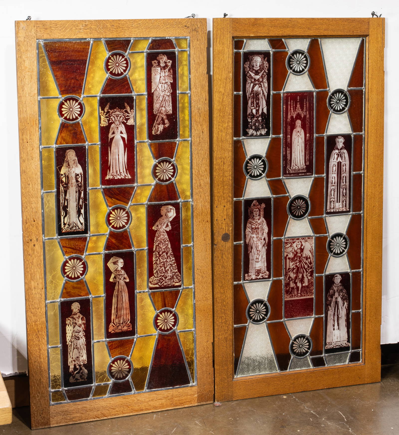 A Vintage Pair Of Ecclesiastic Leaded Glass Window Panels Fashioned In ...