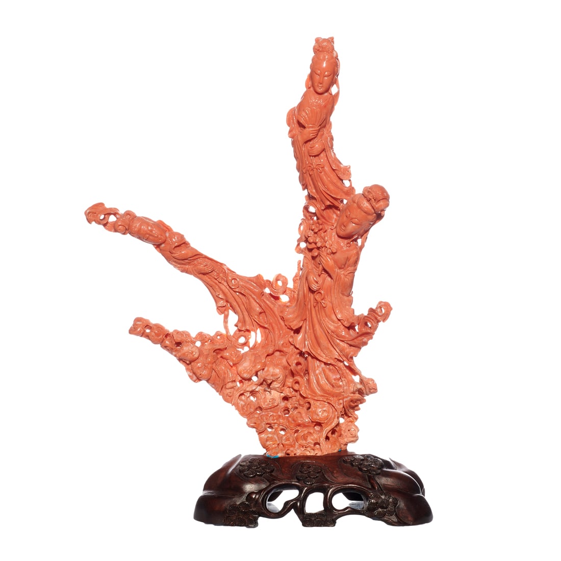 Chinese Coral Carving Of Guanyin And Attendants Auction