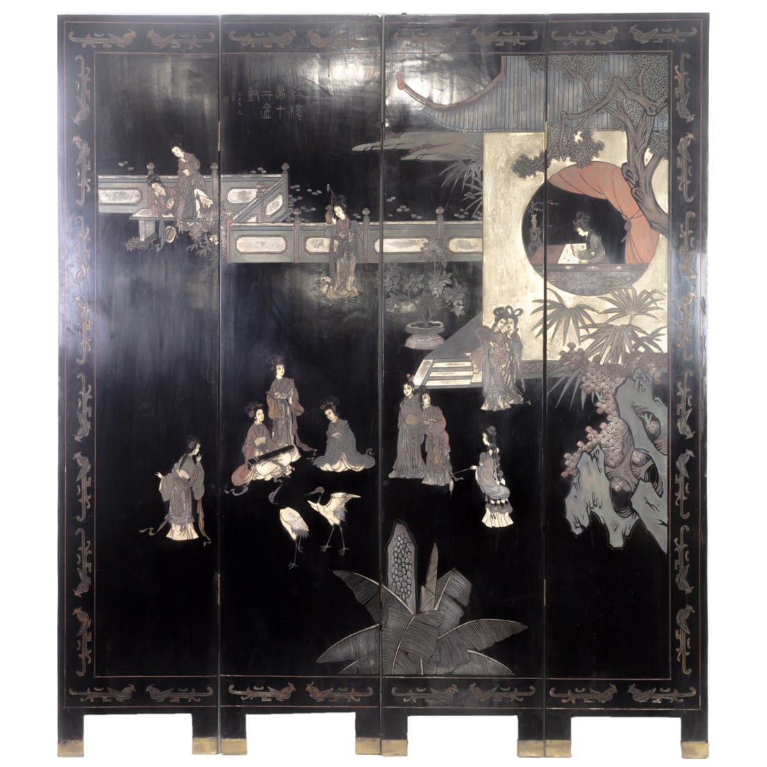 Chinese Coromandel Style Laquered Four-panel Folding Screen Auction