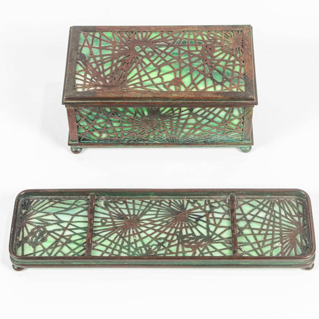 A Tiffany Studios Patinated Bronze And Slag Glass Pine Needle Stamp Box ...