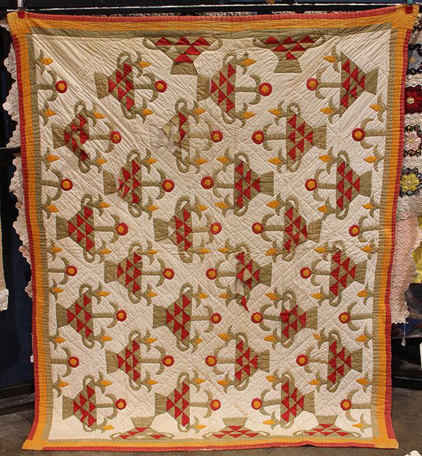 Patchwork and applique quilt in a basket pattern, circa
