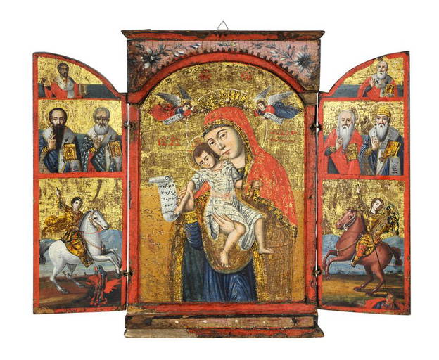 Greek Russian Orthodox Triptych Icon, Late 18th / Early