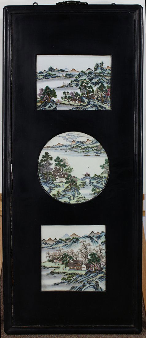 Chinese Wood Panel With Porcelain Plaques