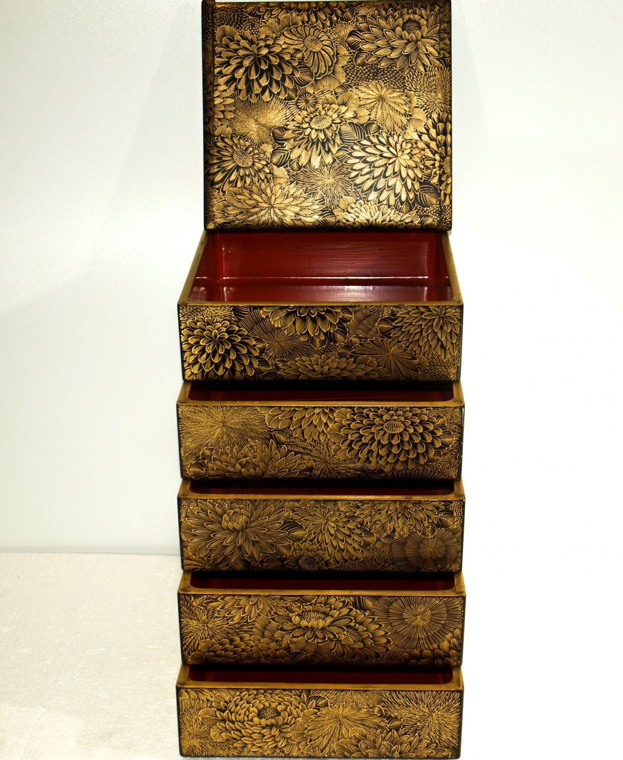 Antique/ vintage Japanese gold lacquered stacking boxes