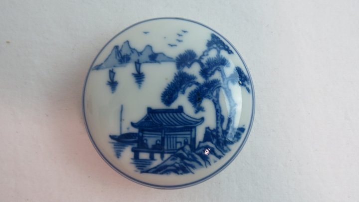 Vintage Blue Porcelain Chinese Pill Box, Signed