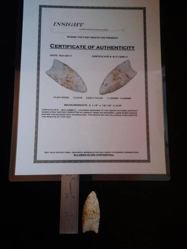CLOVIS WITH INSIGHT LASER ARTIFACT EVALUATION COA - Sep 07, 2017 | Mike Nichols Auctions in AR