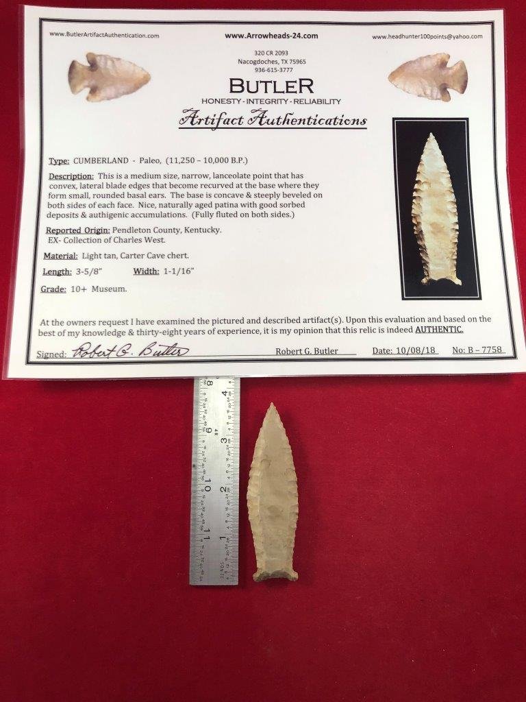 CUMBERLAND INDIAN ARTIFACT ARROWHEAD WITH COA