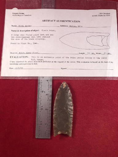 Clovis Indian Artifact Arrowhead With Coa