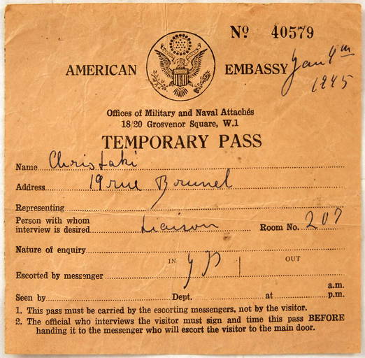 Original War American Embassy Temporary Pass Wwii