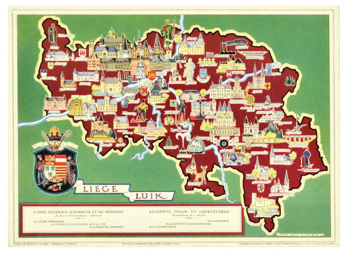 Travel Poster Liege Luik Pictorial Map Belgium Tourism Midcentury