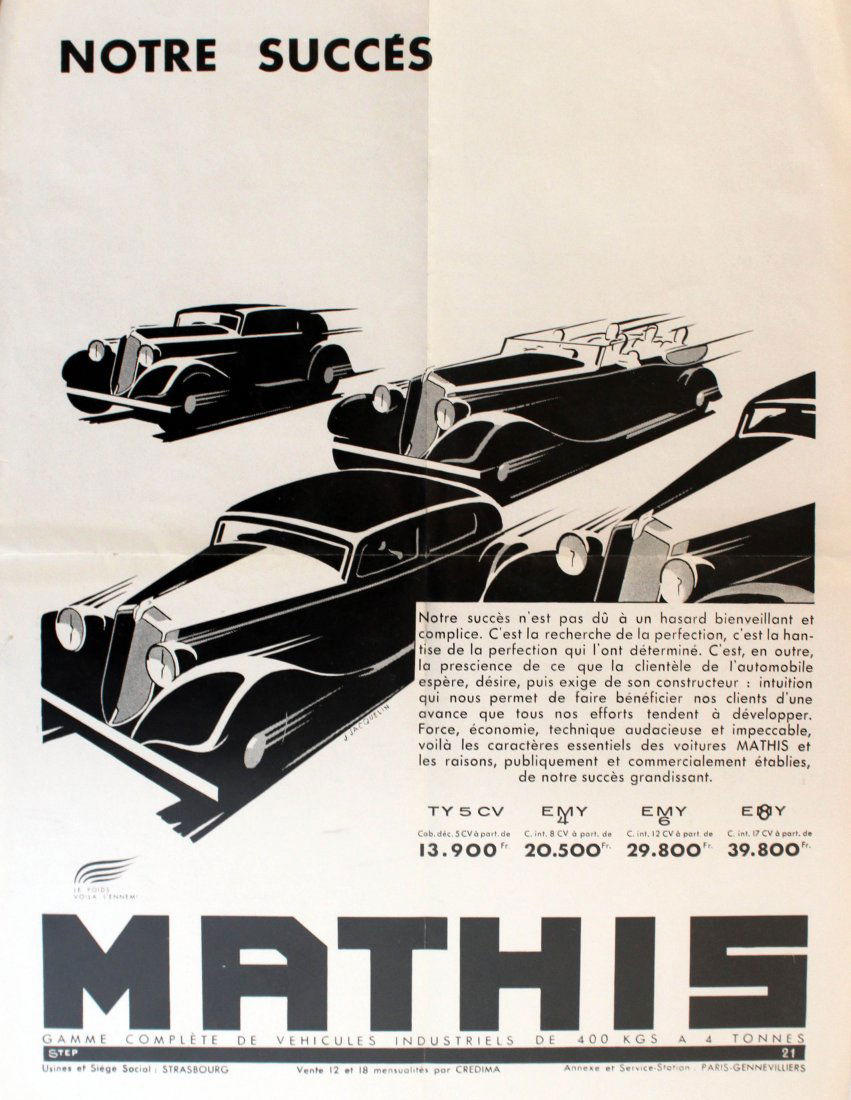 Art Deco Car Poster Mathis, four models