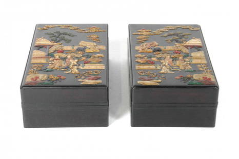 Rare Pair Of Hard Stones Inlaid Zitan Boxes