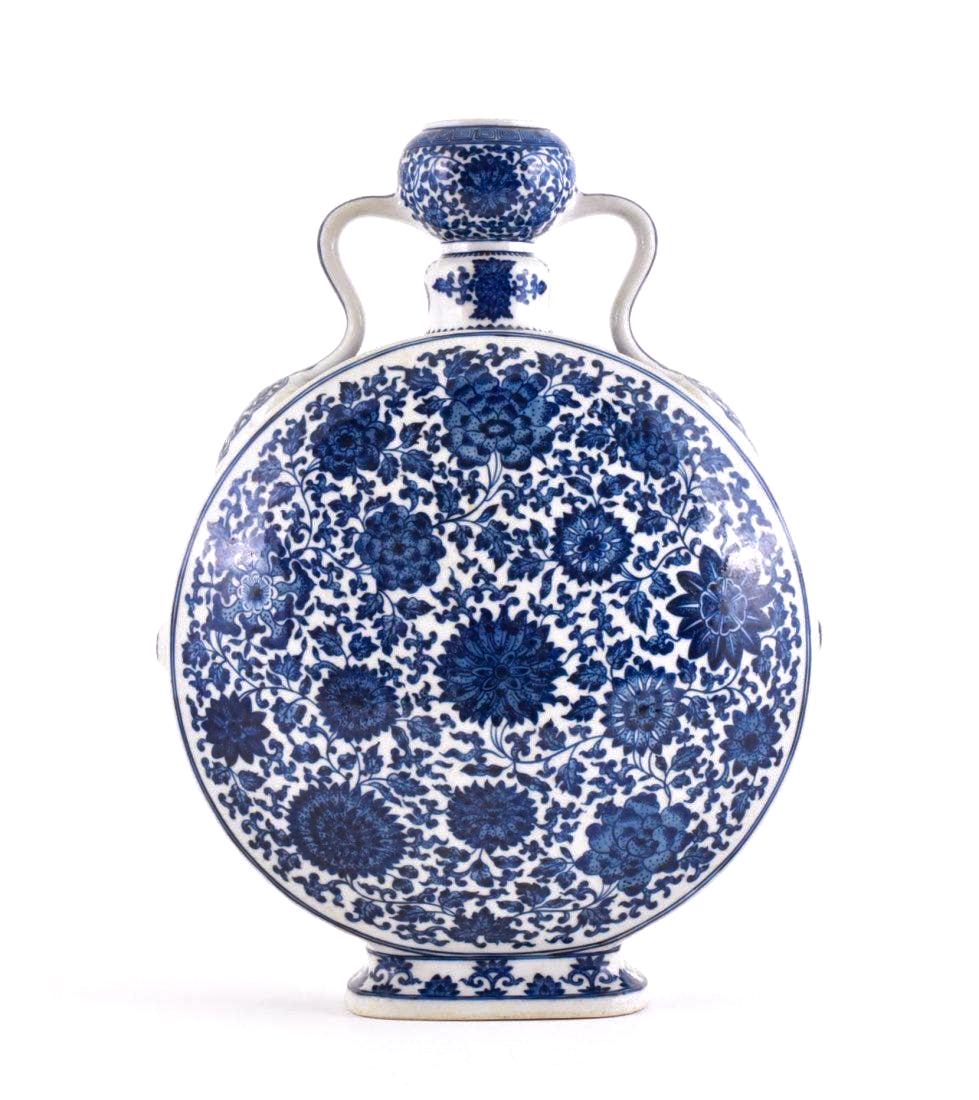 Lotus Blue And White Moon Flask, Qianlong Mark