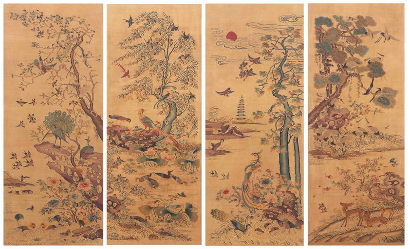 Set Of 4 Silk Kesi Palatial Birds Panels