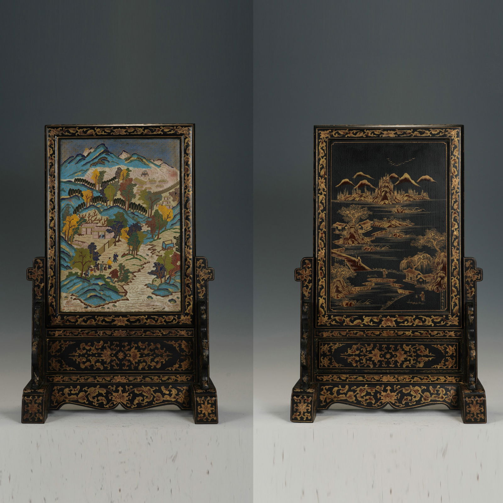 A Pair Of Chinese Gilt-wood Cloisonn? Landscape Table Screens Auction