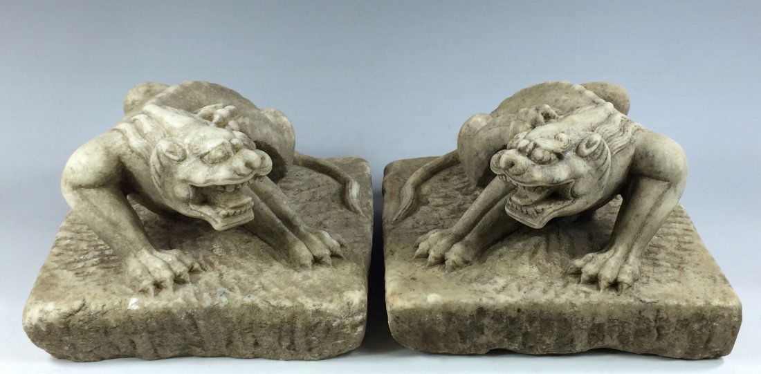 Pair Of Tang Dynasty Carved Marble Of Double Tigers