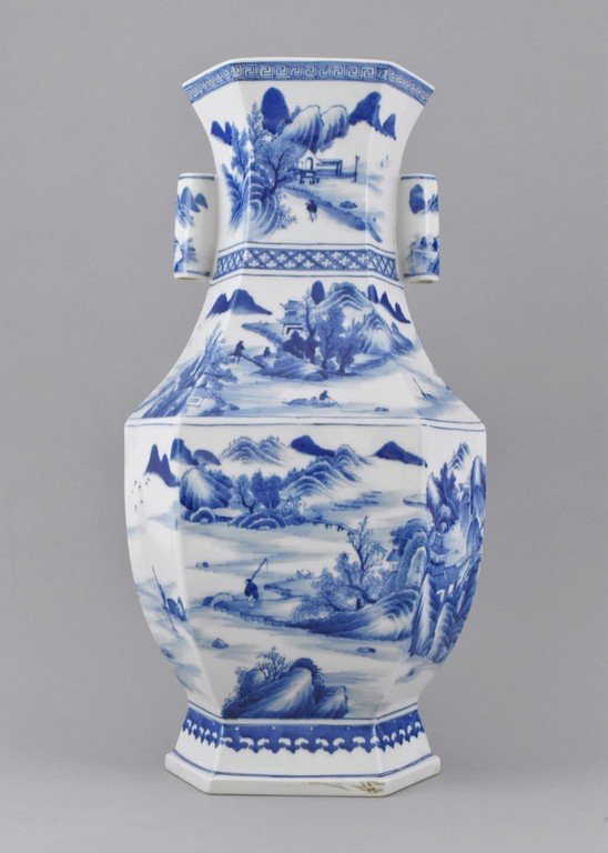 BLUE AND WHITE HEXAGONAL BALUSTER PORCELAIN VASE