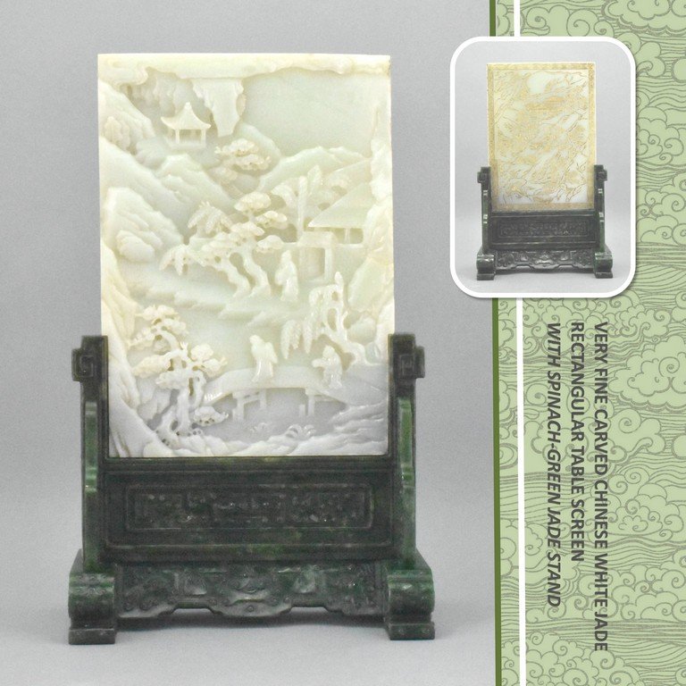 WHITE JADE TABLE SCREEN WITH GREEN JADE STAND