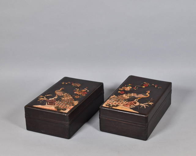 Rare Pair Of Hard Stones Inlaid Zitan Boxes