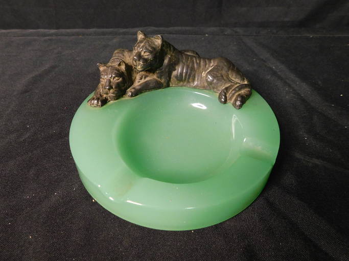 Jadeite Green Glass Ashtray With Tigers
