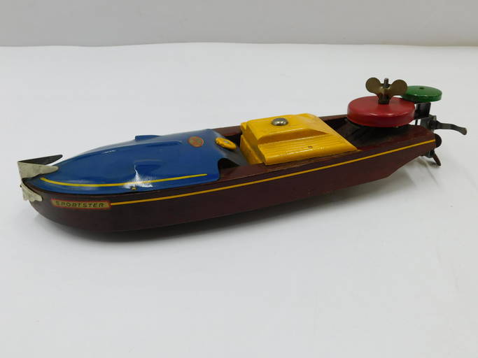 Antique Liberty Playthings Sportster Wooden And Tin Boat