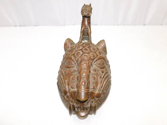 African Bronze Leopard Head Mask