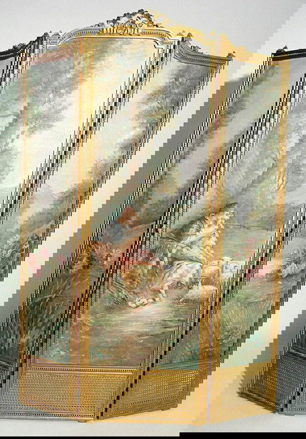 60: 19c LOUIS XVI STY 3-PANEL BOUDOIR SCREEN,