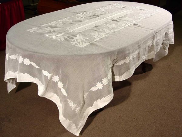 105J: PHILIPPINE WHITE APPLIQUED PINA TABLECLOTH, circa