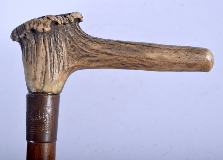 A Rare 19th Century Carved Antler Horn Walking Cane