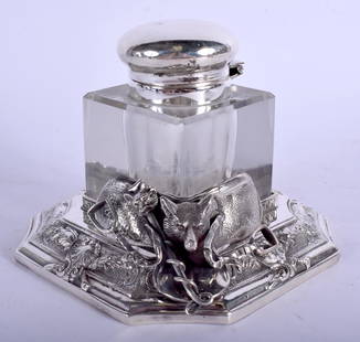 Silver Plated Inkwell With Fox