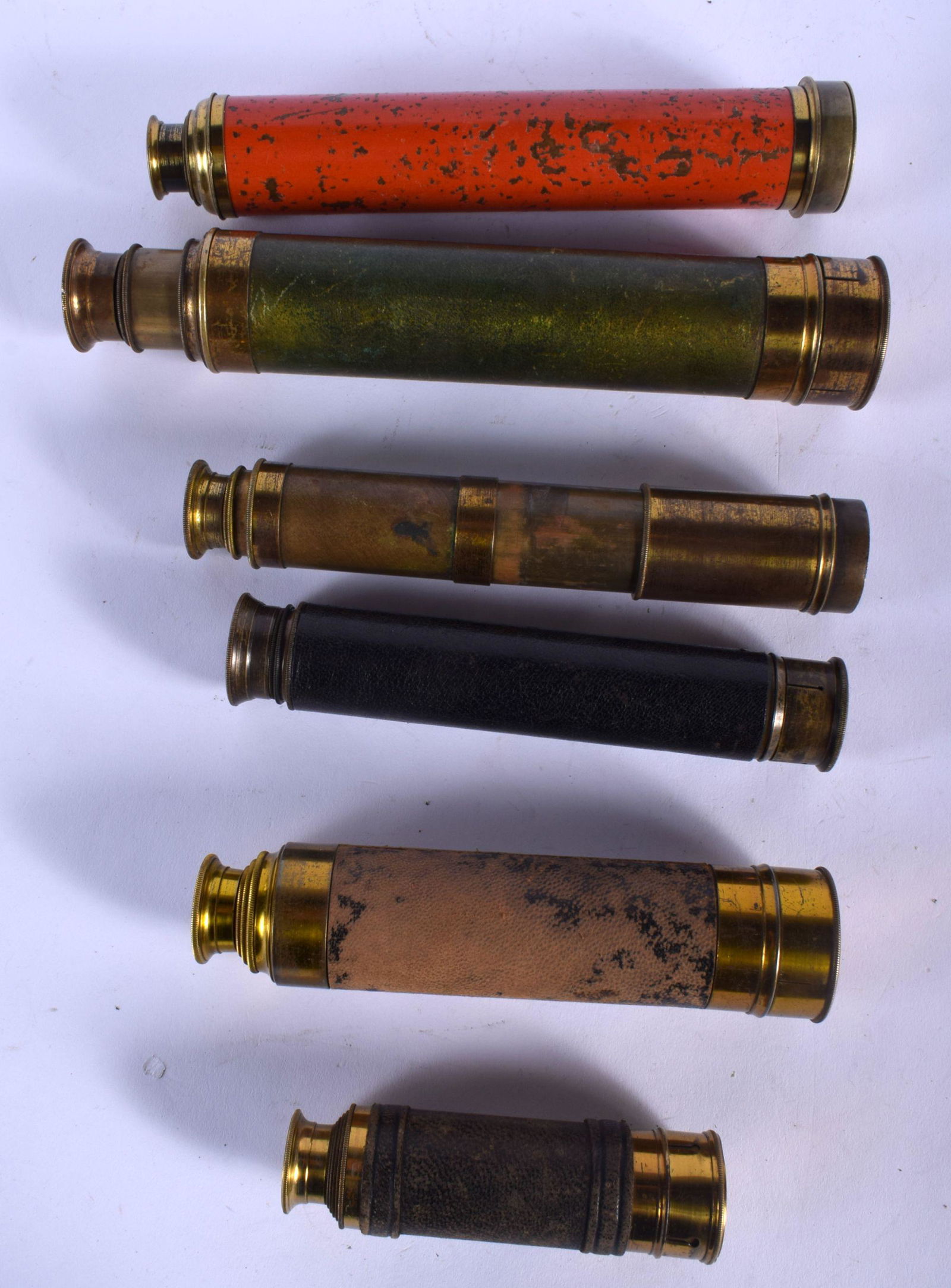 SIX ANTIQUE NAVAL BRASS TELESCOPES with various leather (#0284) on Feb ...