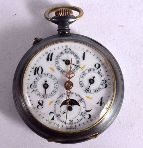 Antique Gunmetal Calendar Moon Phase Swiss Made Pocket Watch. Dial 5.2cm