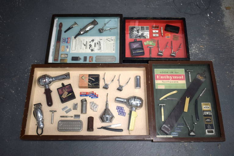 A LOVELY SET OF FOUR 1950S BARBERS SHOP RAZOR DISPLAY CASES in various ...