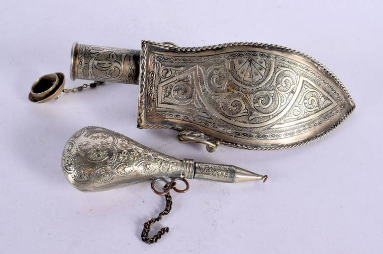 AN ANTIQUE PERSIAN SILVER POWDER FLASK and similar scent bottle. 253 ...