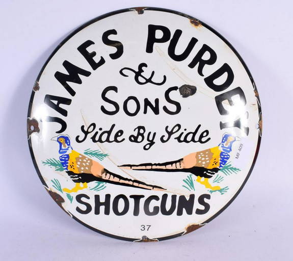A CONTEMPORARY JAMES PURDY SHOTGUNS ENAMEL SIGN. 30 cm diameter. (#0501 ...