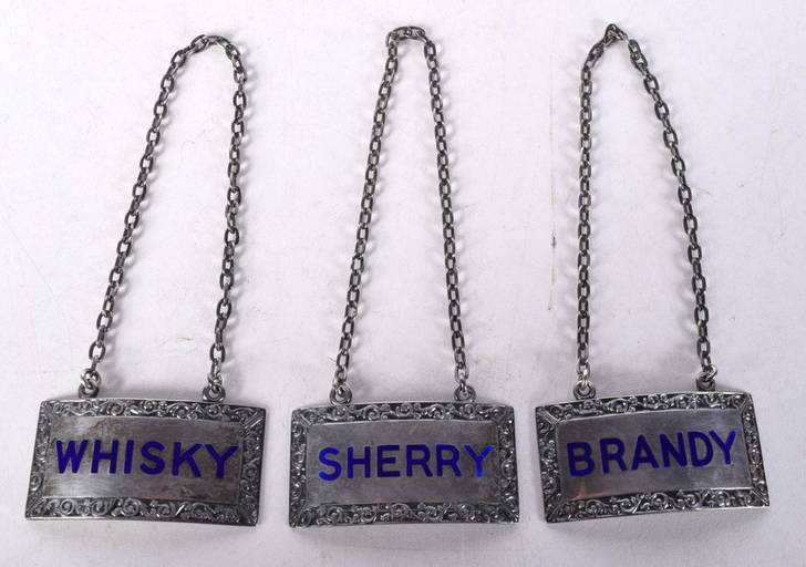 Three Silver And Enamel Decanter Labels. Birmingham 1971 & 1972. 60 ...