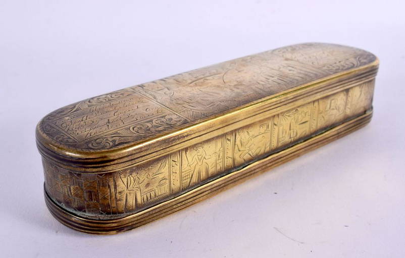 An 18th Century Dutch Brass Engraved Snuff Box. 18 Cm X 6 Cm.