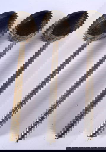 Three 19th Century Indian Middle Eastern Silver Ladles Decorated With ...