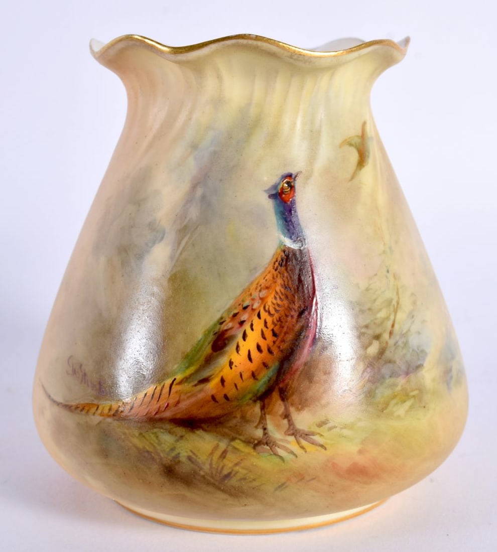 A Small Royal Worcester Pheasant Vase By James Stinton. 9 Cm X 7 Cm ...