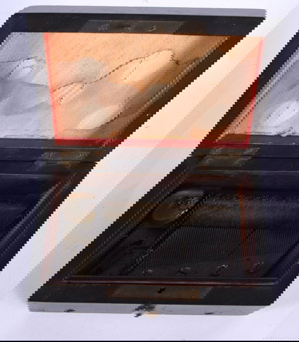 A Small 19th Century Miniature Music Box Within A Brass Inlaid Case. 12 ...